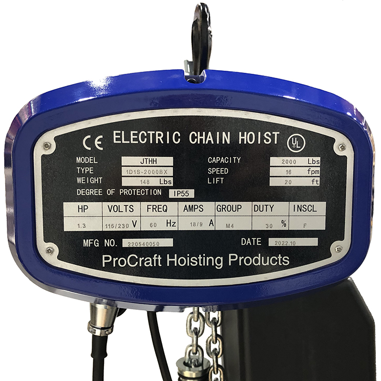 1 ton x 20 Feet ProCraft JTHH Single Phase 116-220V Electric Hoist ...