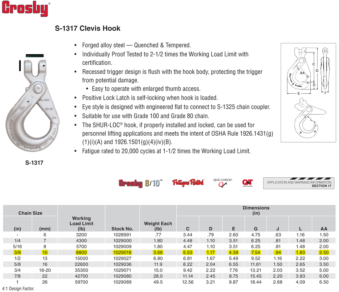 3/8 inch Crosby S-1317 Grade 10 Shur-Loc Clevis Hooks | Wesco Industries