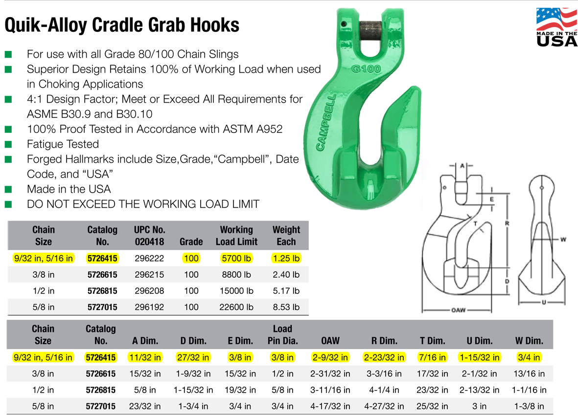 9/32-5/16 inch Grade 100 Quik-Alloy Cradle Grab Hooks | Wesco Industries