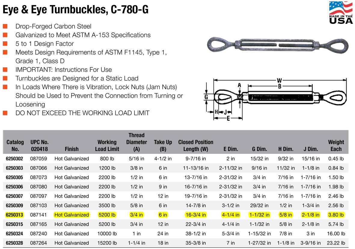 3/4x6 inch Campbell 780-G Eye & Eye Turnbuckles | Wesco Industries