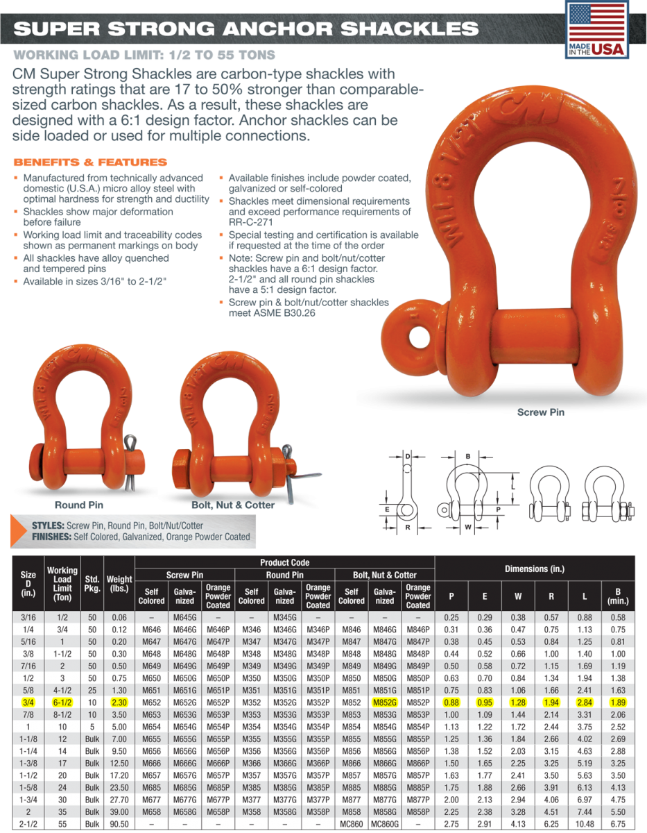 3/4 inch CM M852G Bolt Type Anchor Shackles | Wesco Industries