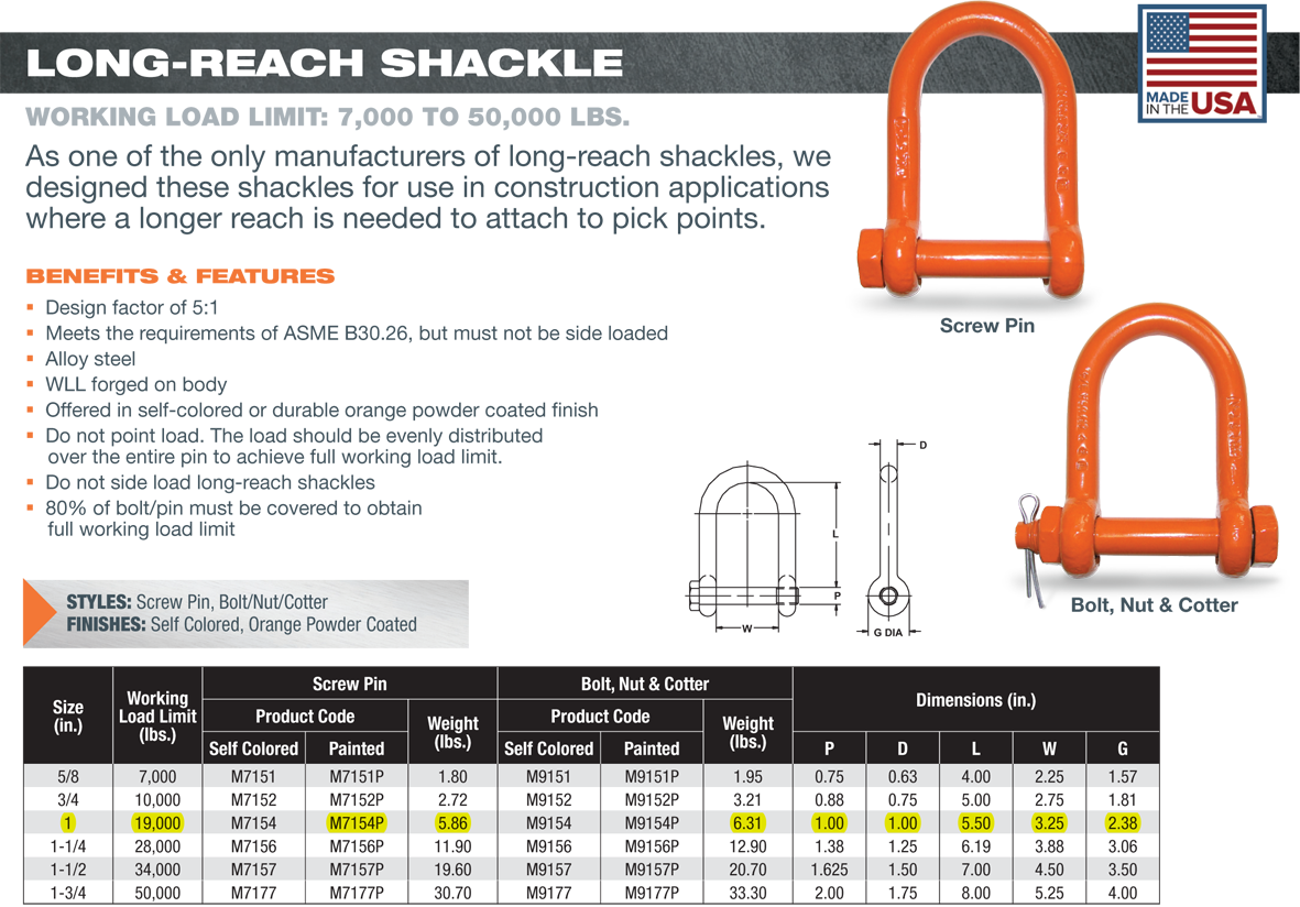1 inch CM M7154P Screw Pin Long Reach Shackles | Wesco Industries