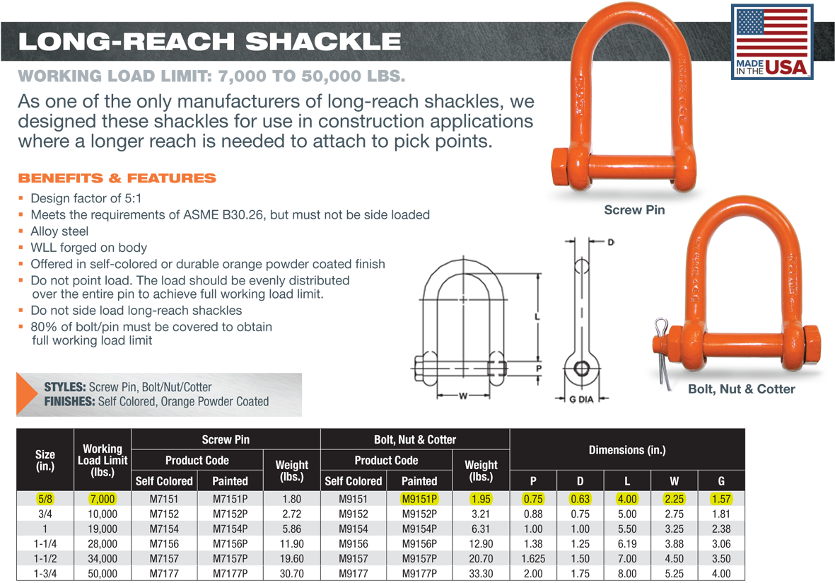 5/8 inch CM M9151P Bolt Type Long Reach Shackles | Wesco Industries