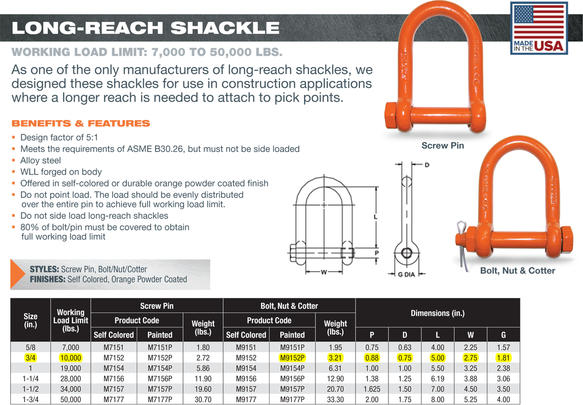 3/4 inch CM M9152P Bolt Type Long Reach Shackles | Wesco Industries