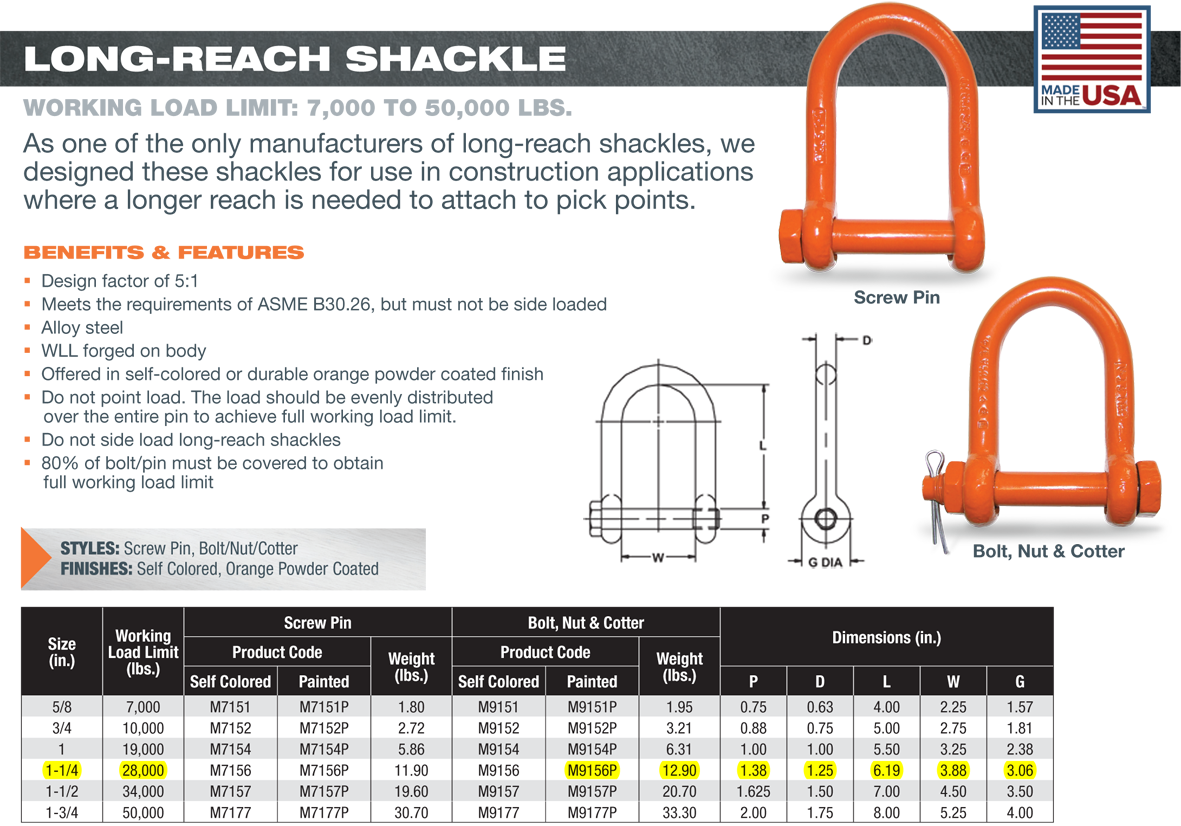 1-1/4 inch CM M9156P Bolt Type Long Reach Shackles | Wesco Industries