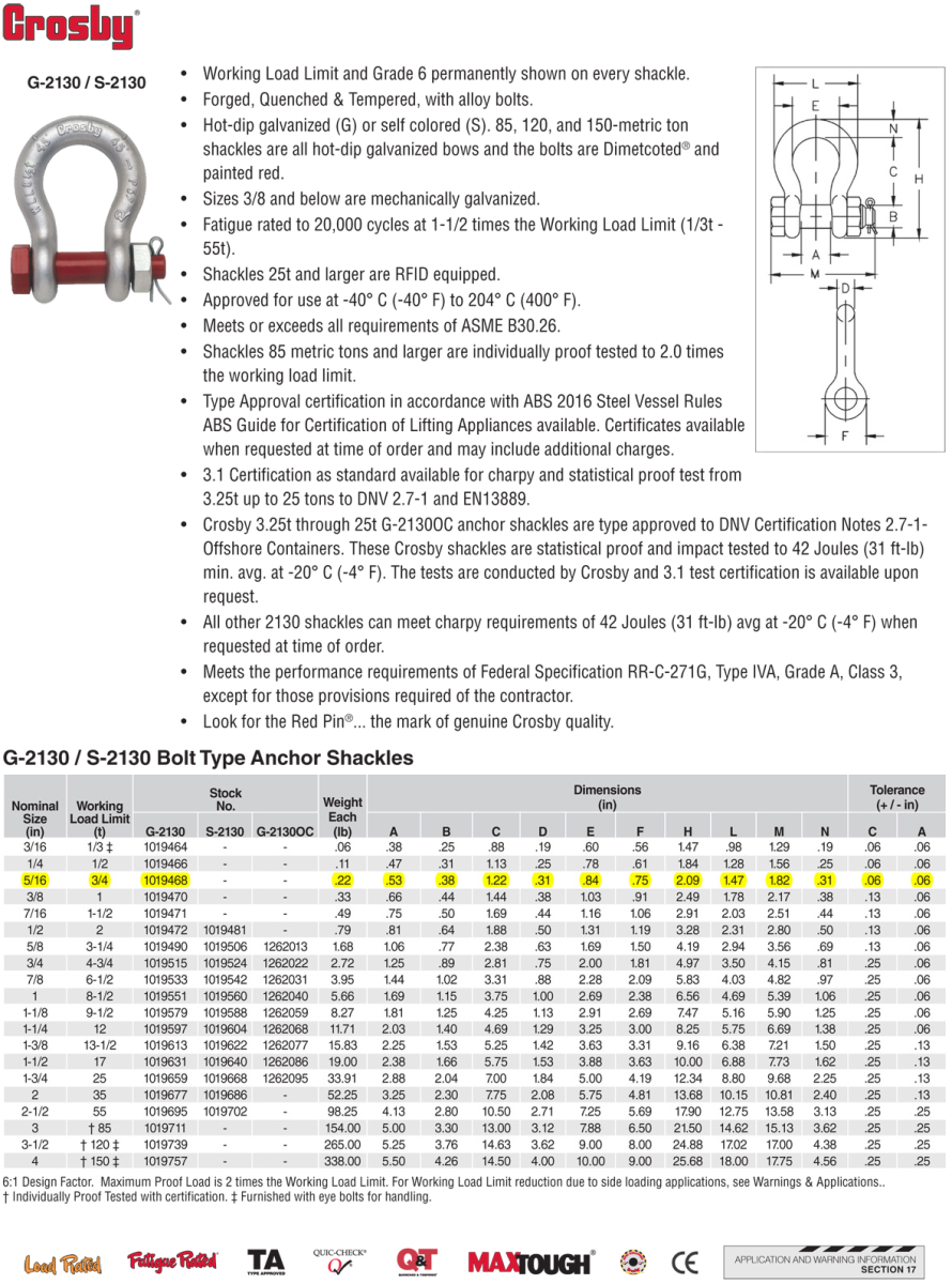 5/16 inch Crosby G2130 Load Rated Bolt Type Anchor Shackles | Wesco ...