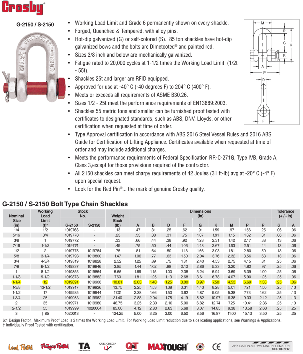 1-1/4 inch 12 Ton Crosby G-2150 Bolt Type Chain Shackles | Wesco Industries